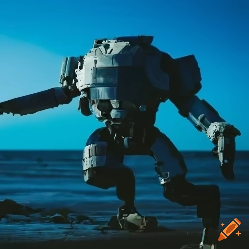 Hydrodynamic Armoured Mech standing on a dune on Craiyon