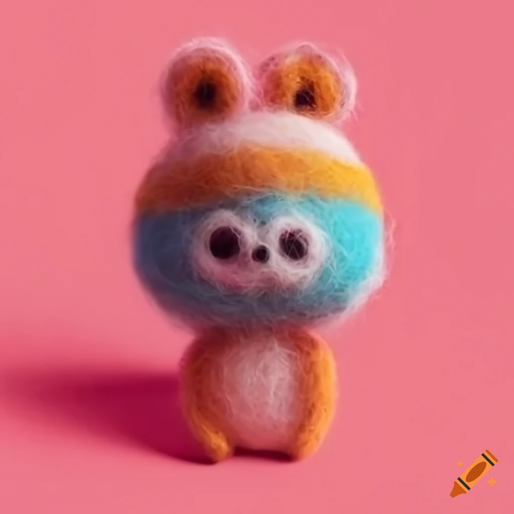 Cute fuzzy felted wool creature on a striped sofa against a white ...