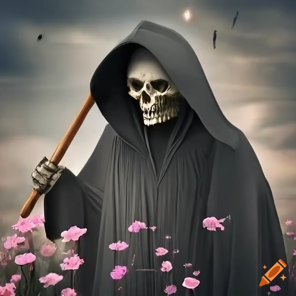 Cartoon of a grim reaper holding a red heart symbol on Craiyon