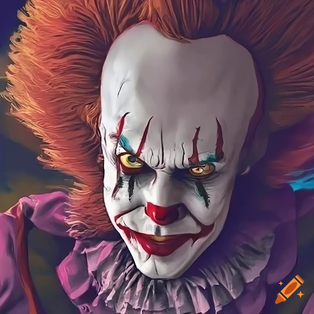 Sinister clown with red hair, green eyes, and big teeth in a black suit ...