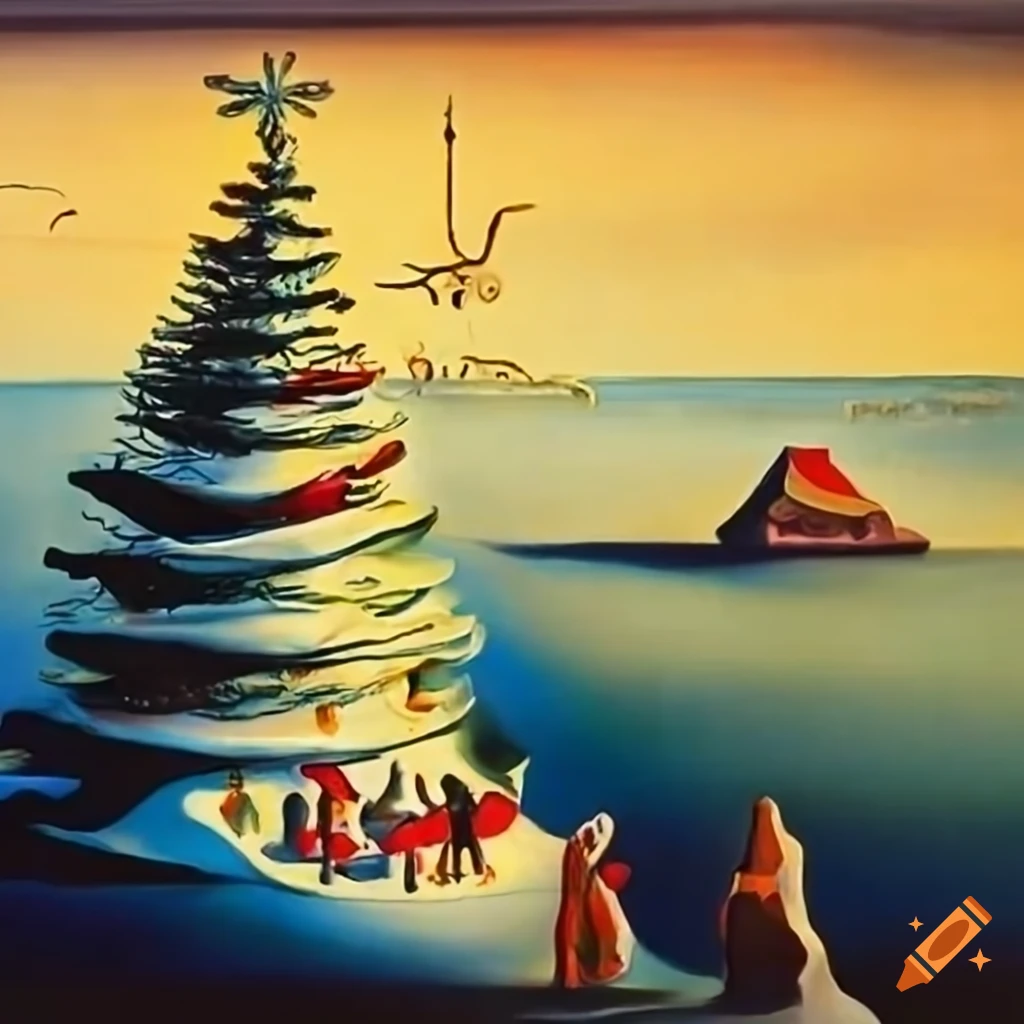 Christmas painting of westman islands by salvador dali on Craiyon