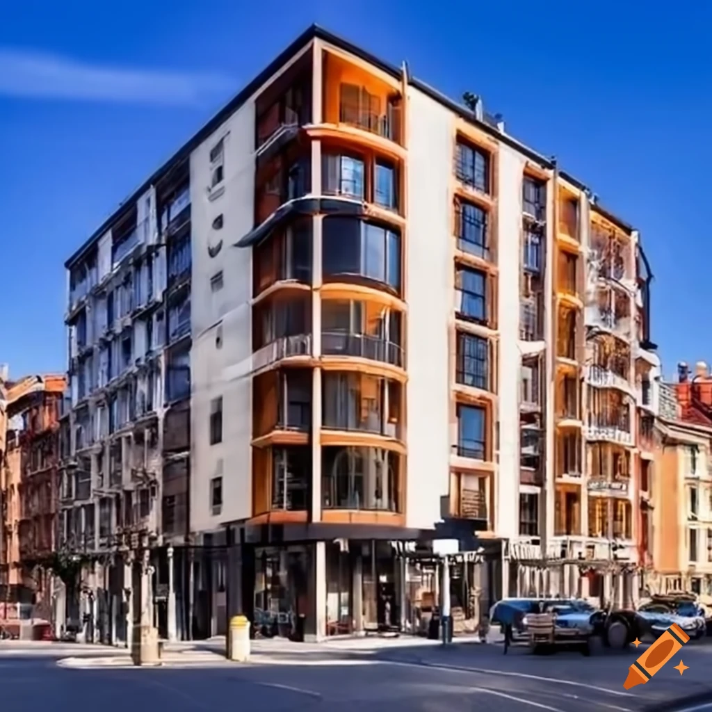 A vibrant multi-functional building with shops and apartments on Craiyon