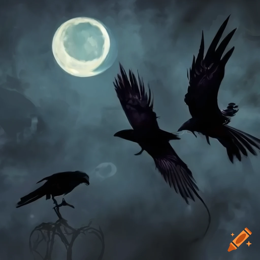 Spooky crows gathered on a tree branch with purple background on Craiyon