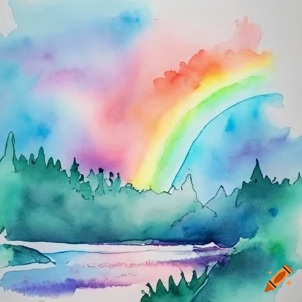Watercolor painting of a rainbow over a natural landscape on Craiyon