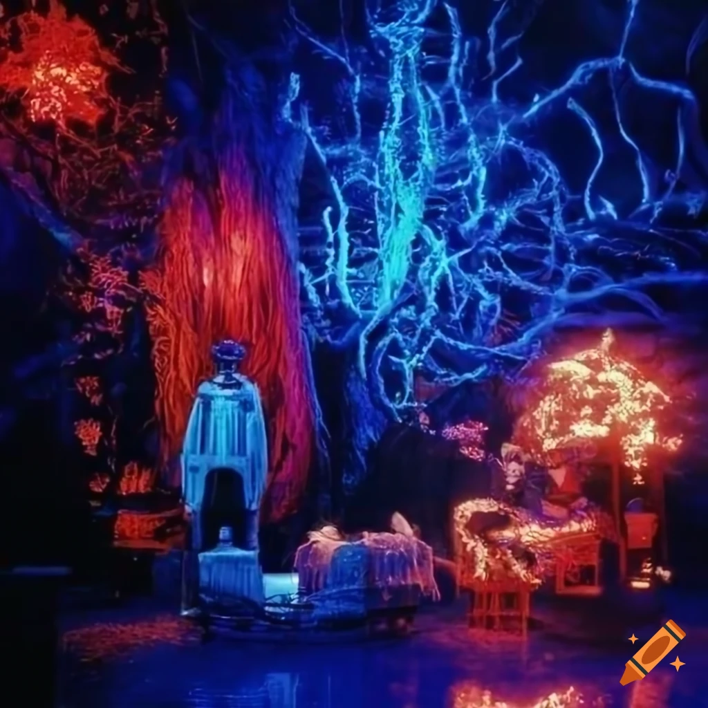Neon lit doctor who tv set with bizarre trees and glowing orbs on Craiyon