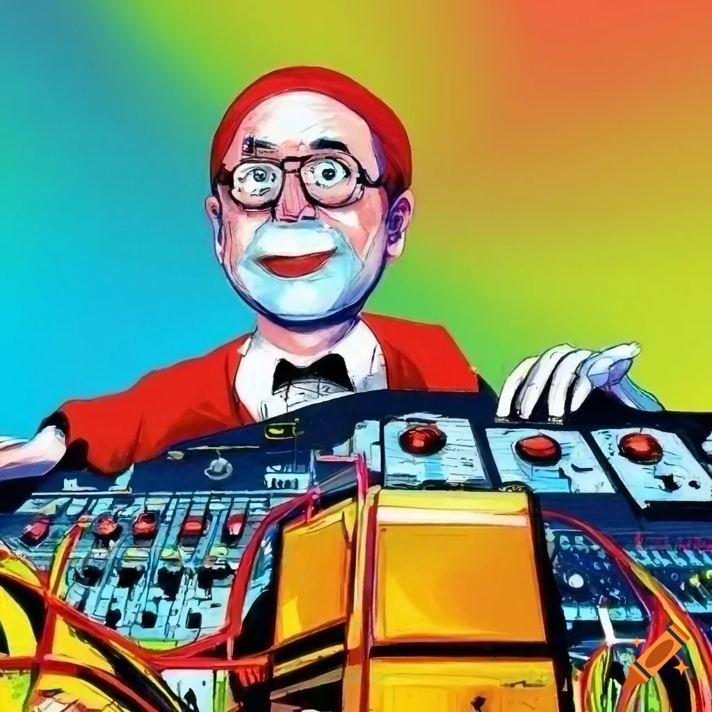 Colorful book illustration of a DJ at a mixing console on Craiyon
