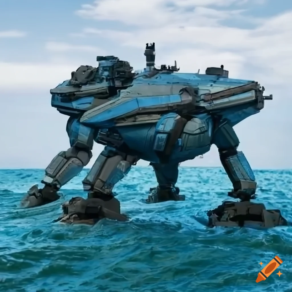 Hydrodynamic light mech with long legs in ocean background on Craiyon