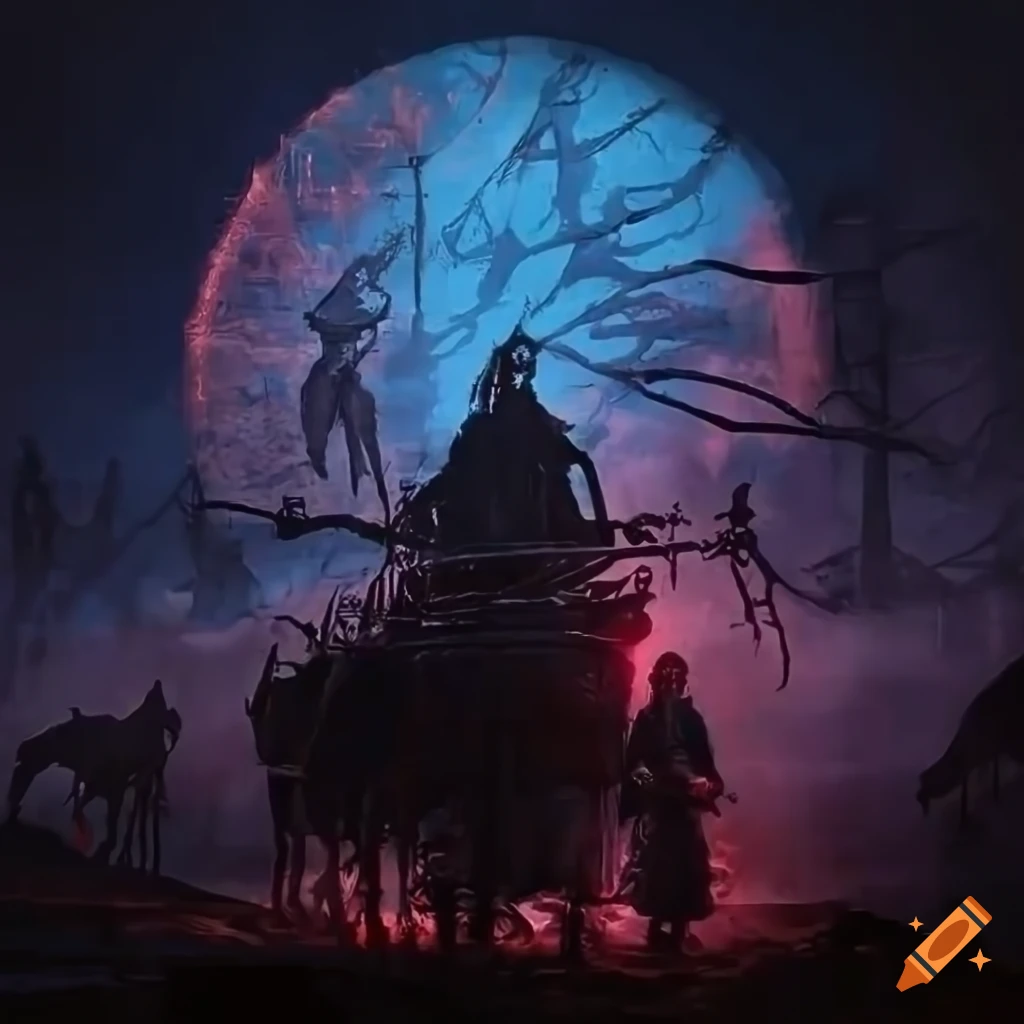 Cyberpunk gothic horror scene with a stagecoach and neon signs on Craiyon