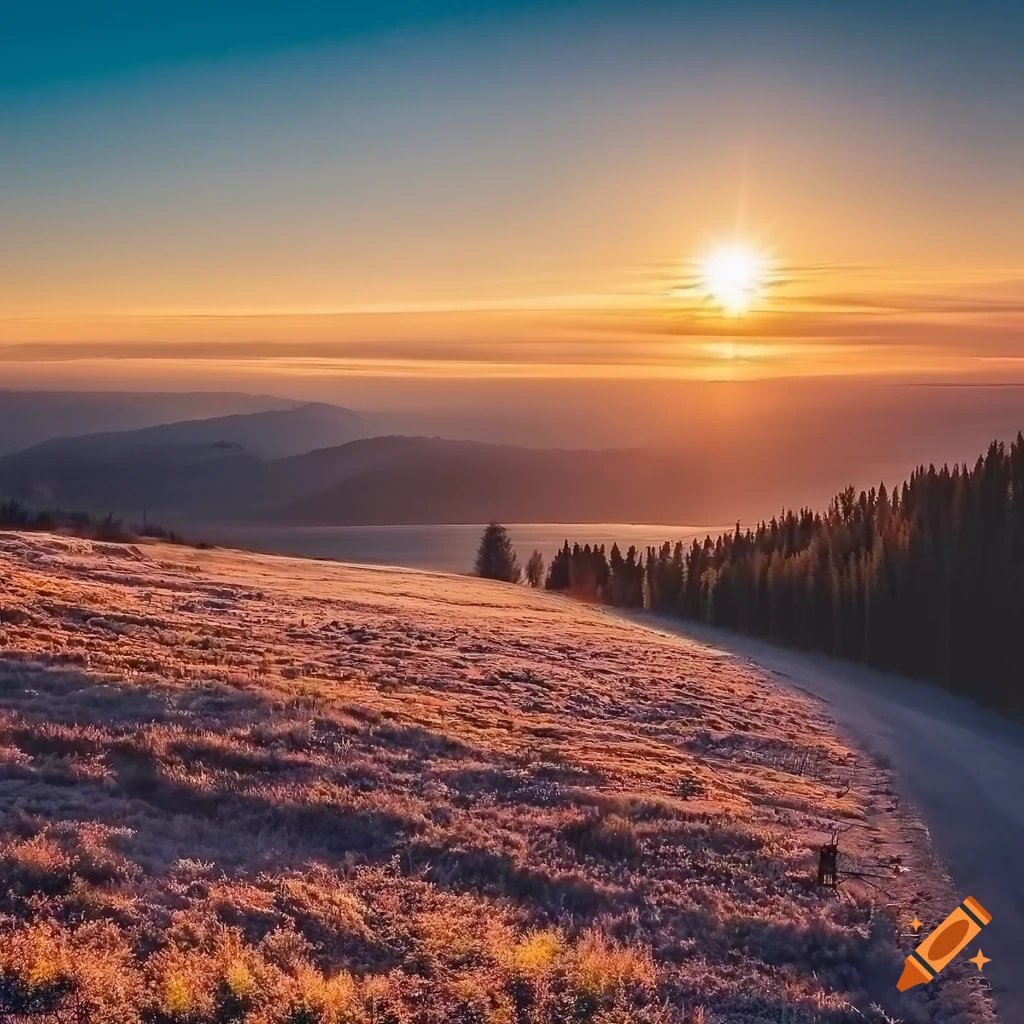 Sunset over a mountain with a cozy cabin