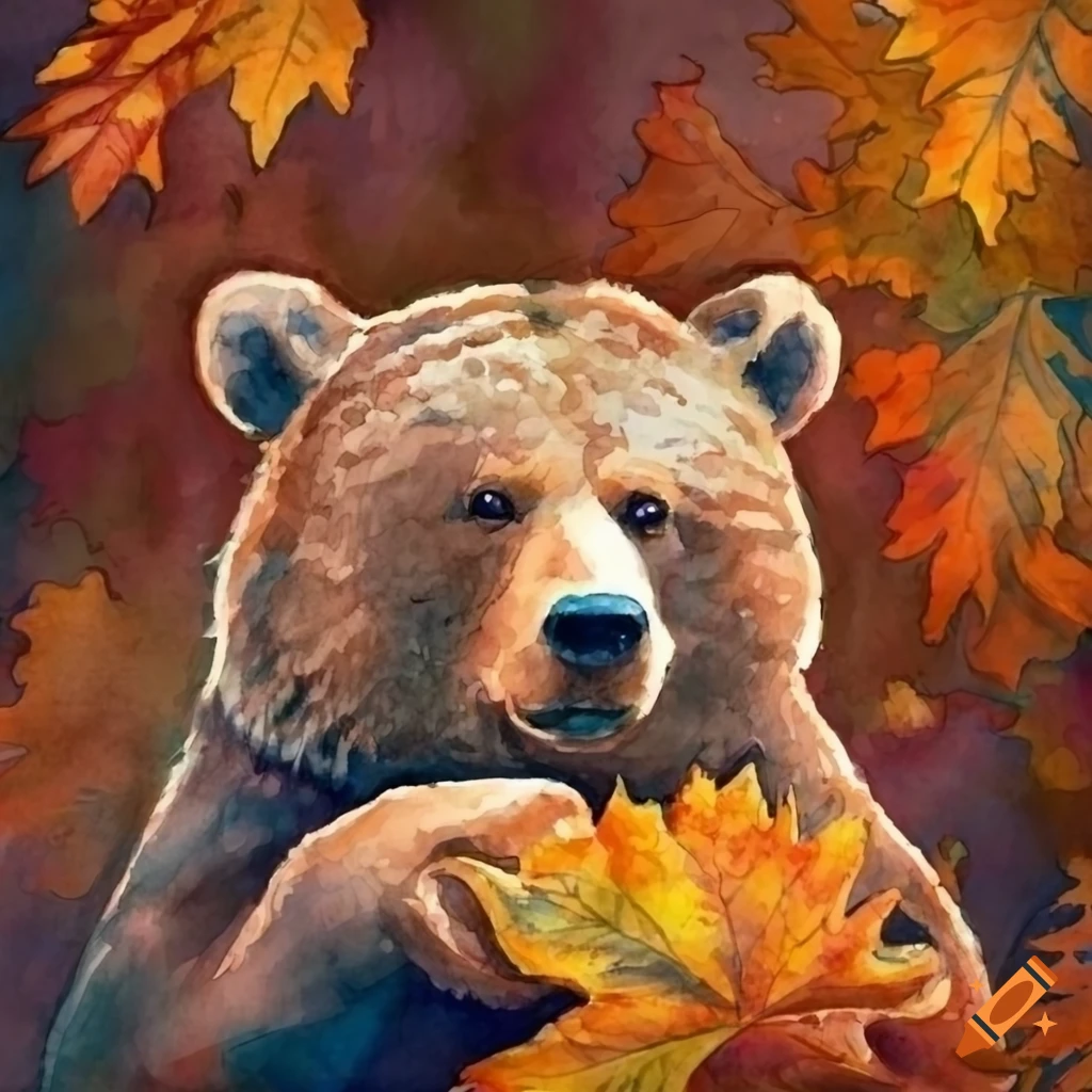 Watercolor of a bear in autumn