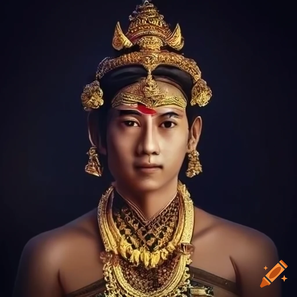 Photorealistic depiction of a southeast asian king wearing a hindu ...