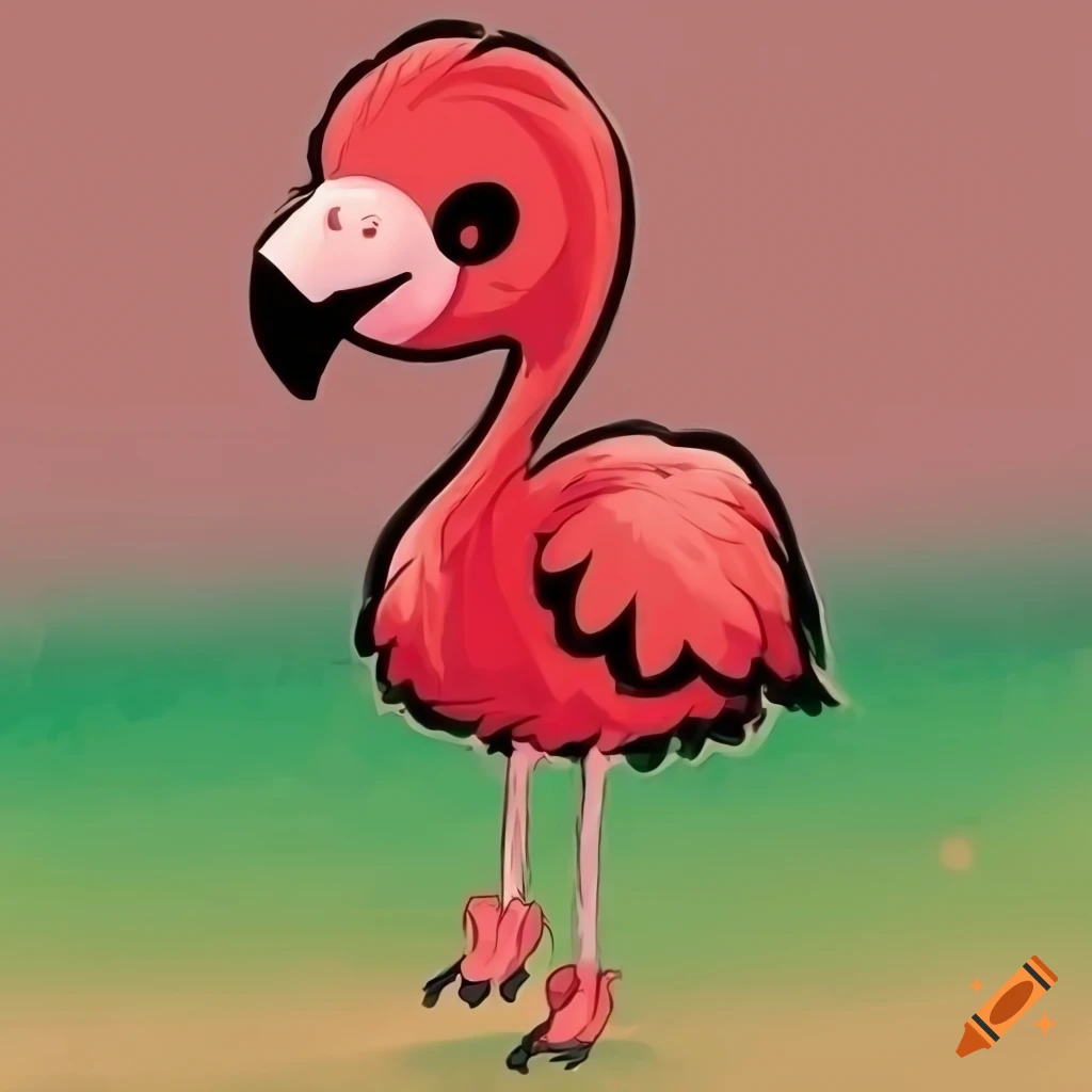 Illustration of a chibi black red flamingo in a countryside on Craiyon