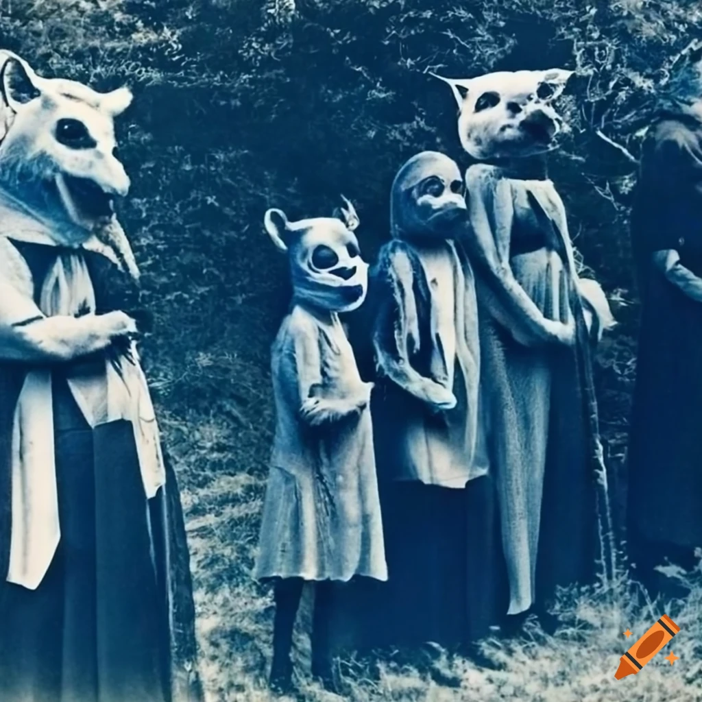 Vintage cyanotype of cult members wearing animal masks