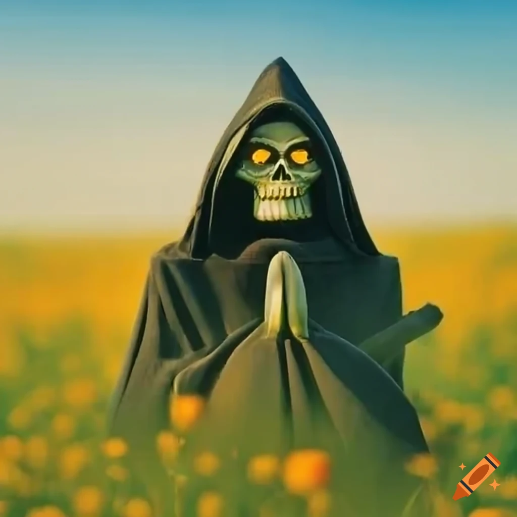 Artwork of the grim reaper in a field of flowers on Craiyon