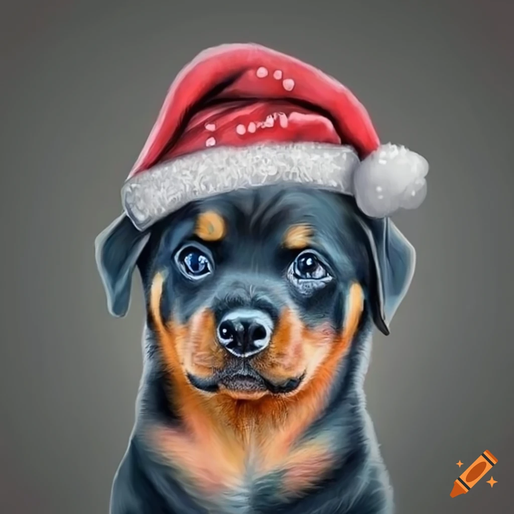 Realistic portrait drawing of a happy rottweiler wearing a santa hat on ...