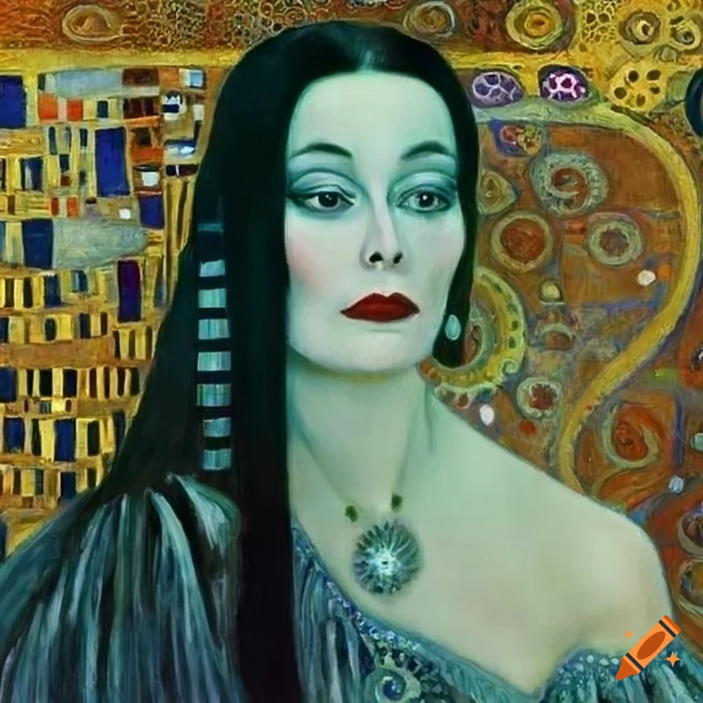 Portrait of morticia addams inspired by gustav klimt