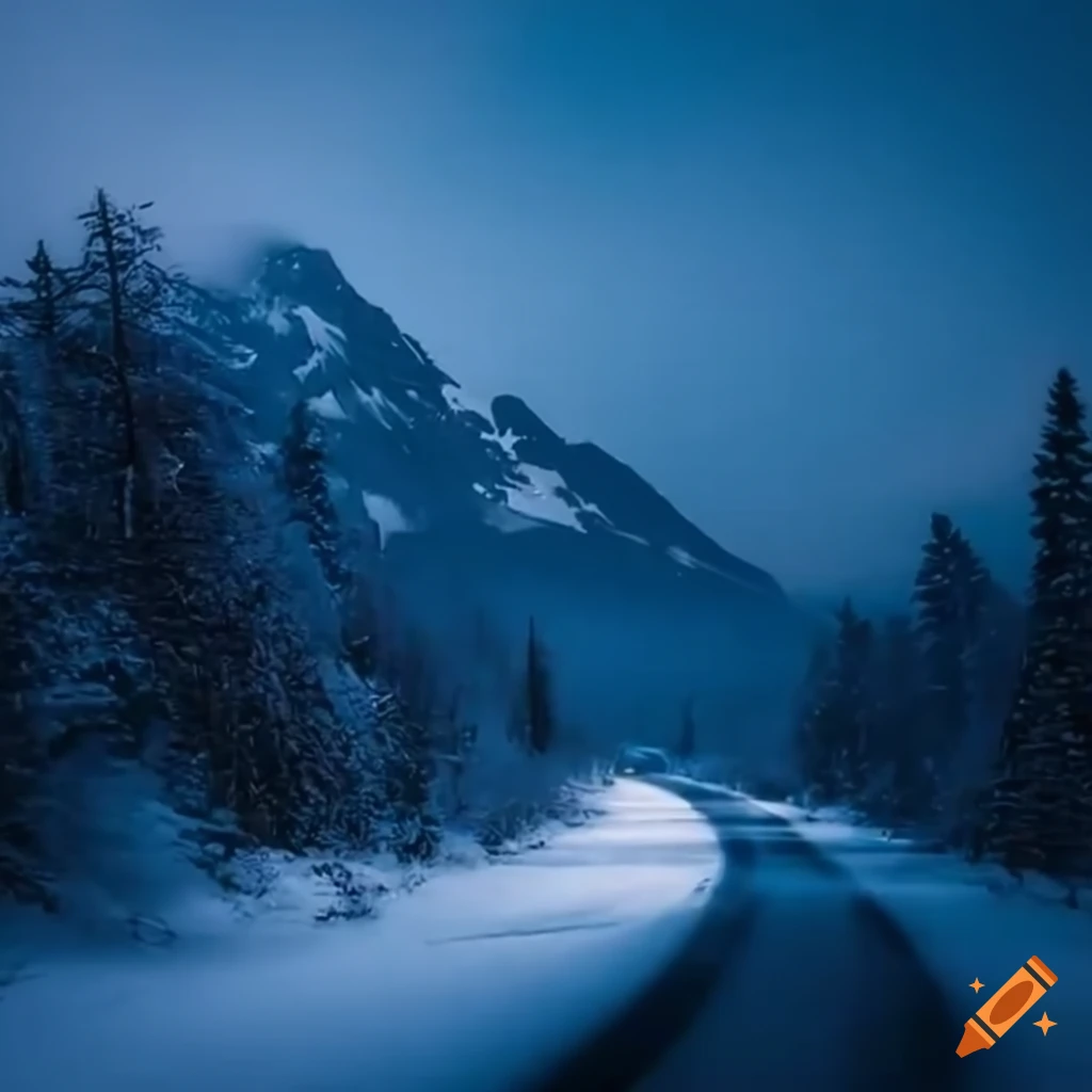 Night scene of icy road in the mountains