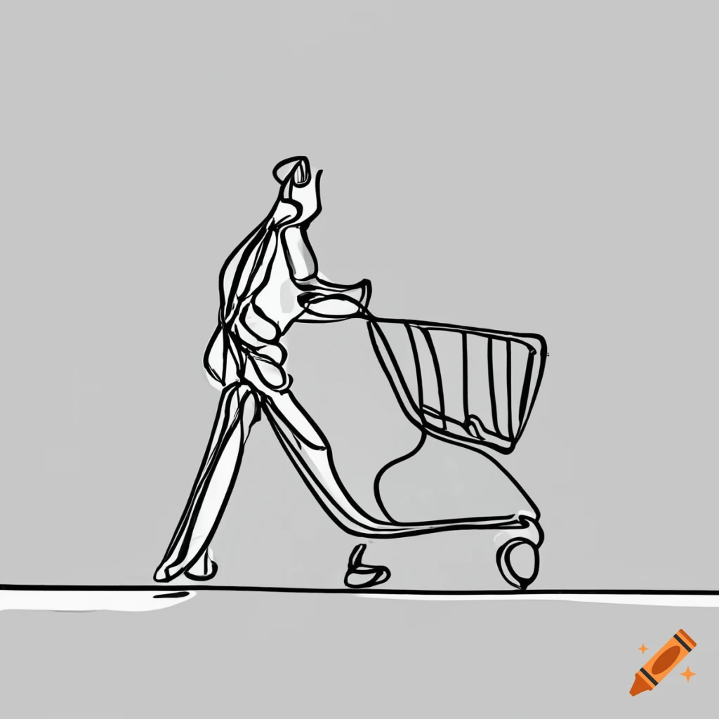 Black and white sketch of a person pushing a cart on Craiyon