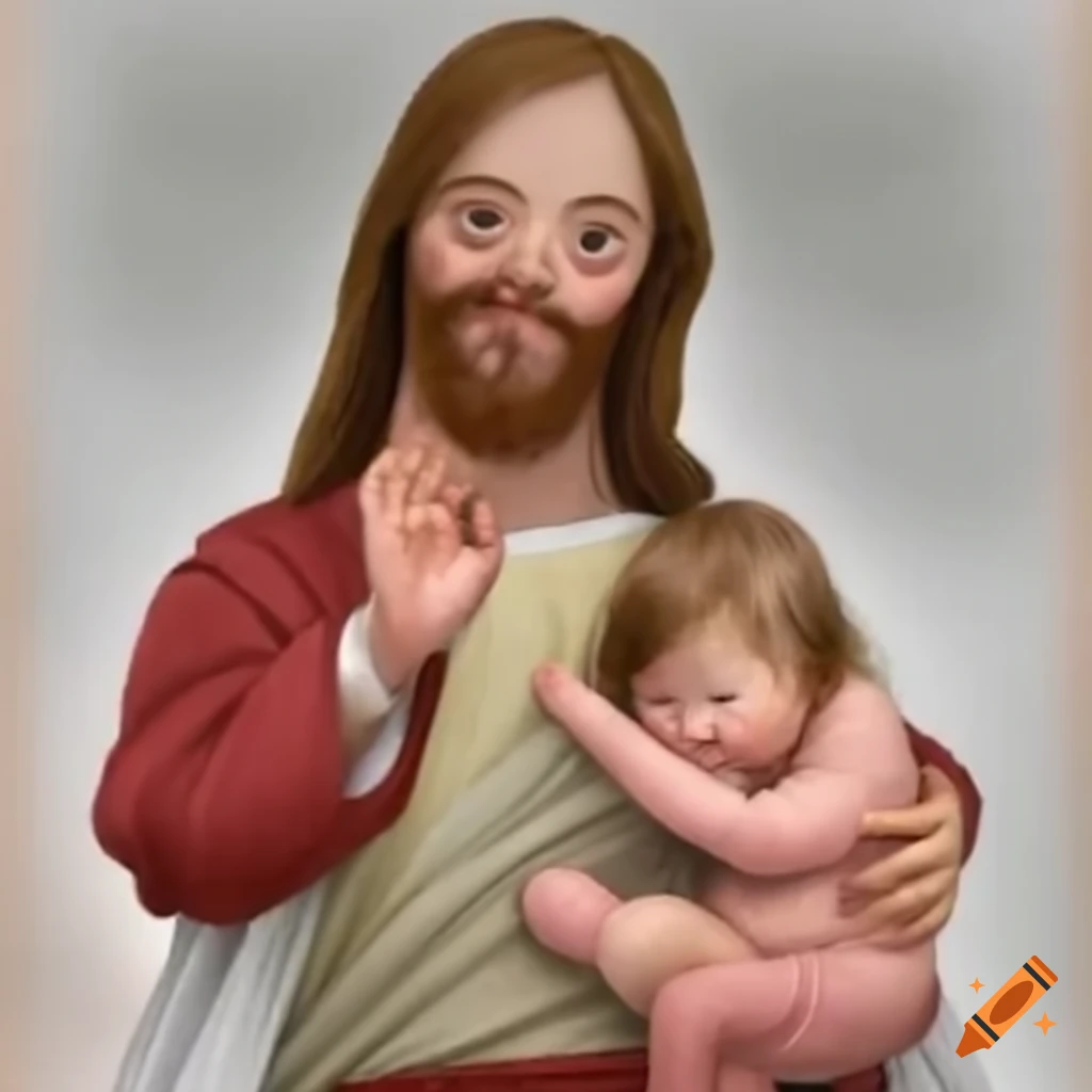 Jesus with down syndrome holding a child with down syndrome