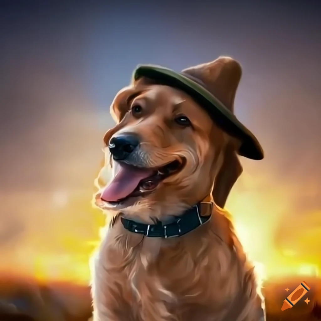 Realistic dog with a hat enjoying the sun