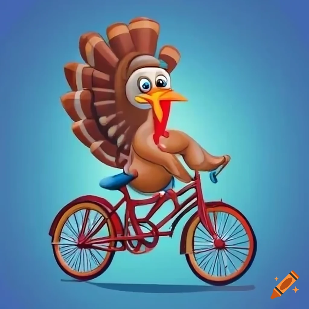 Cartoon turkey riding a bicycle