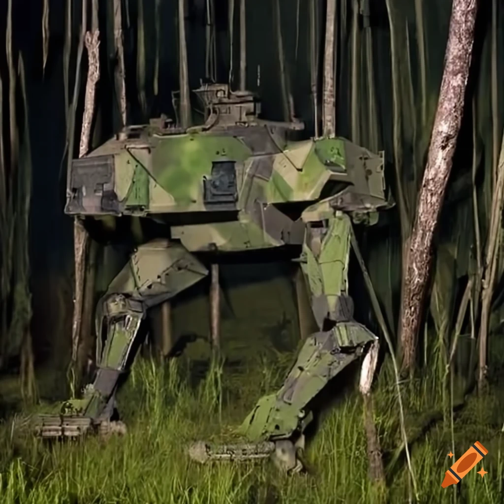 Camouflaged mech conducting reconnaissance in a marsh on Craiyon