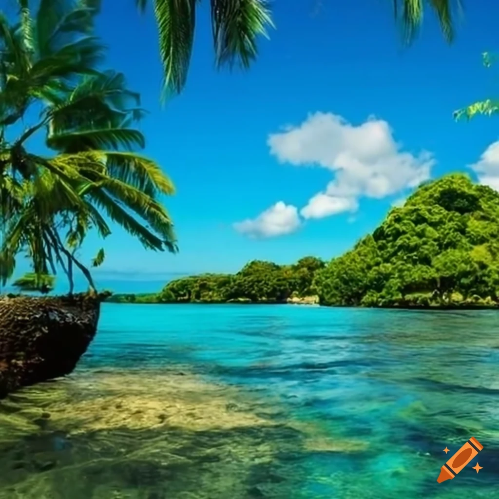 Realistic depiction of a tropical beach with palm trees on Craiyon