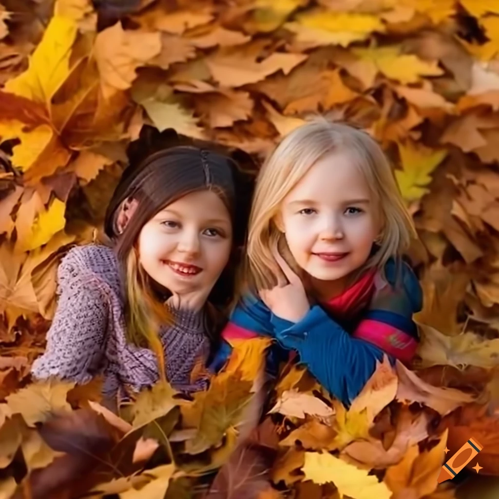 Two girls playing in a pile of autumn leaves