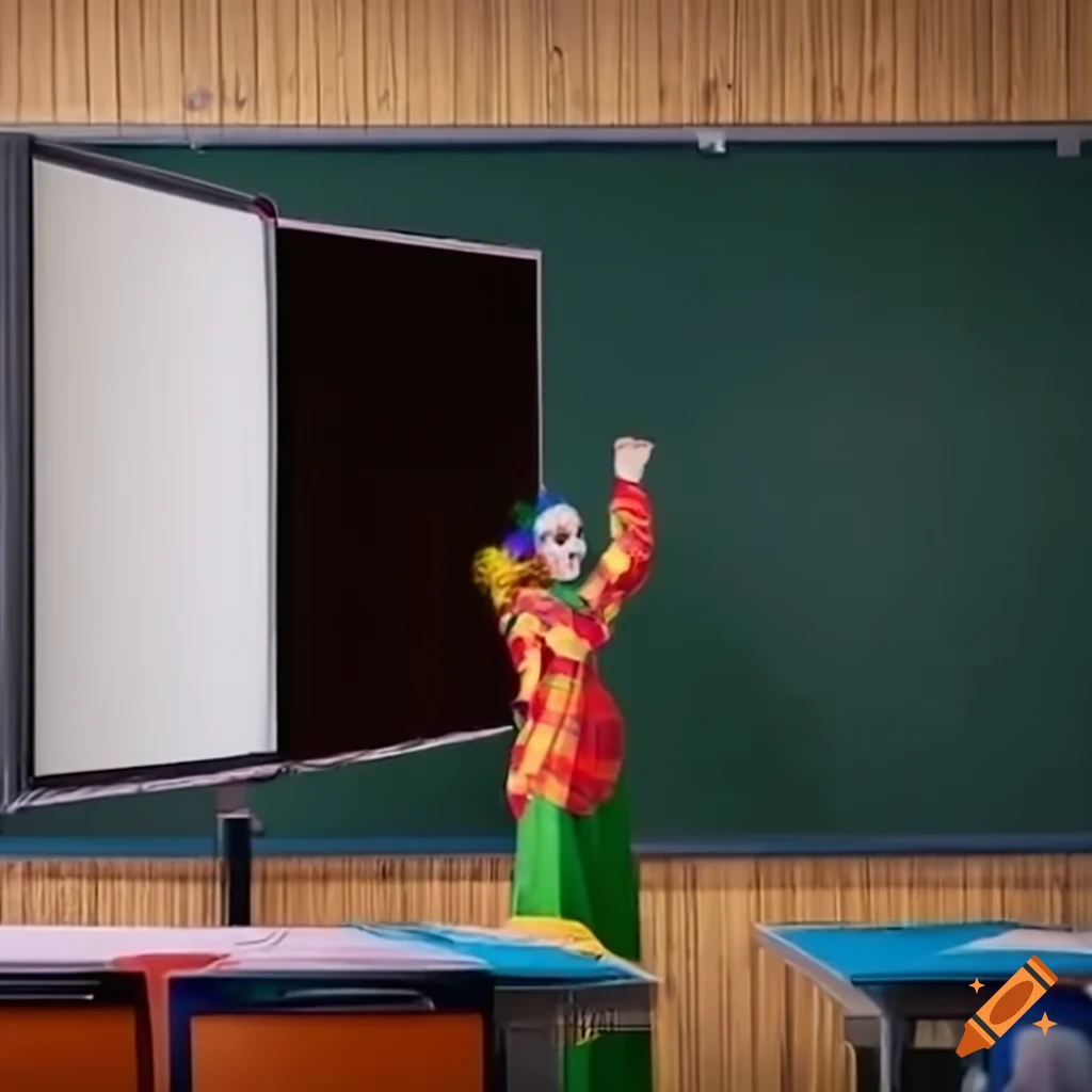 Clown standing in front of a classroom split screen