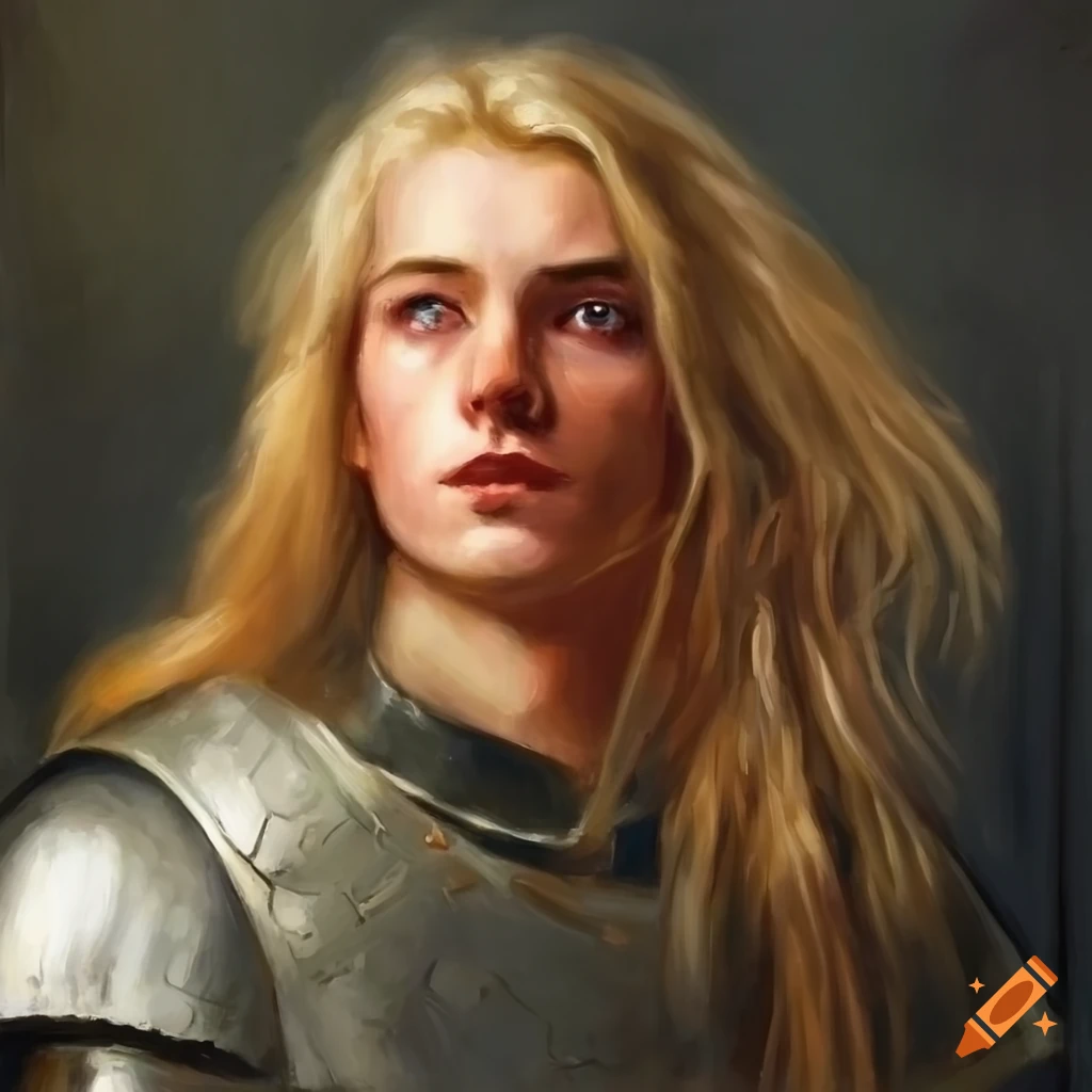 Oil painting of a blond long-haired medieval knight in blue tunic on ...