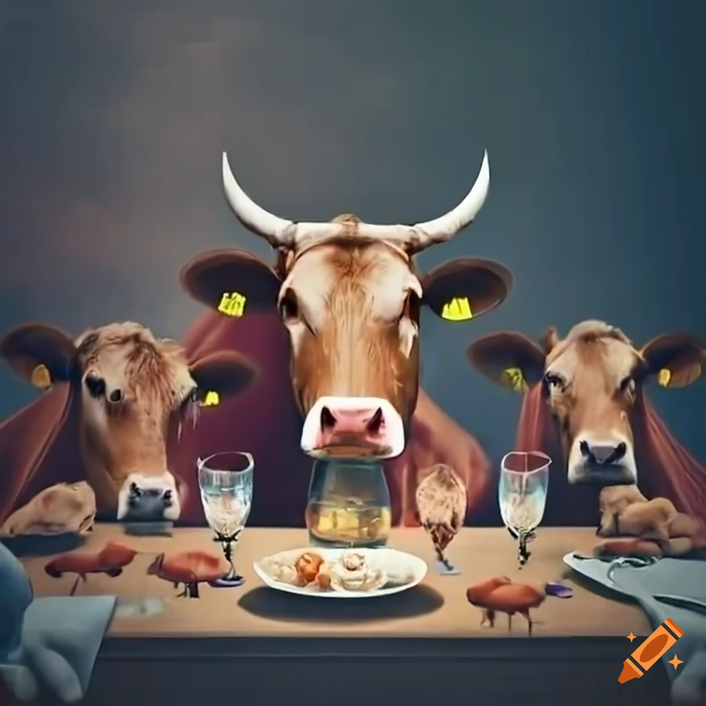 Surreal image of cows and flying goats at a dinner table