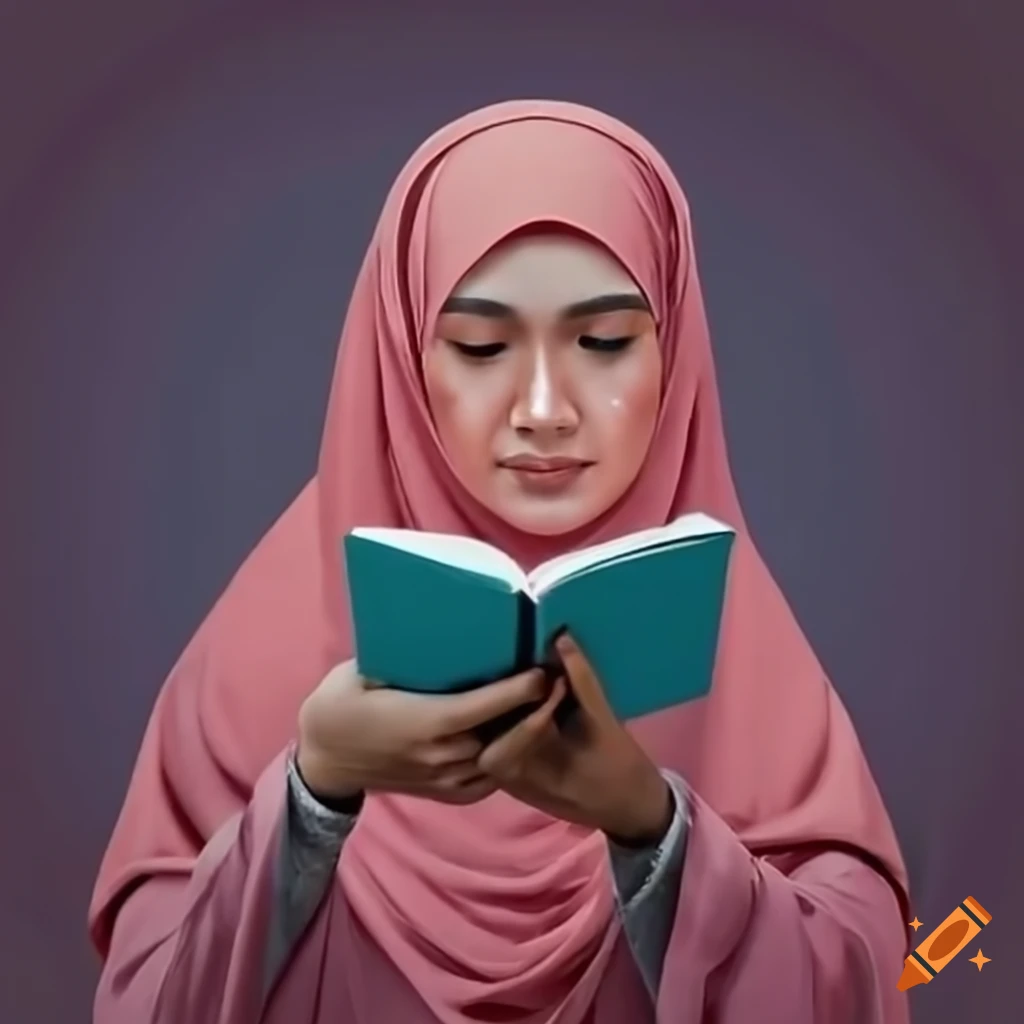 Woman wearing hijab reading a book on Craiyon