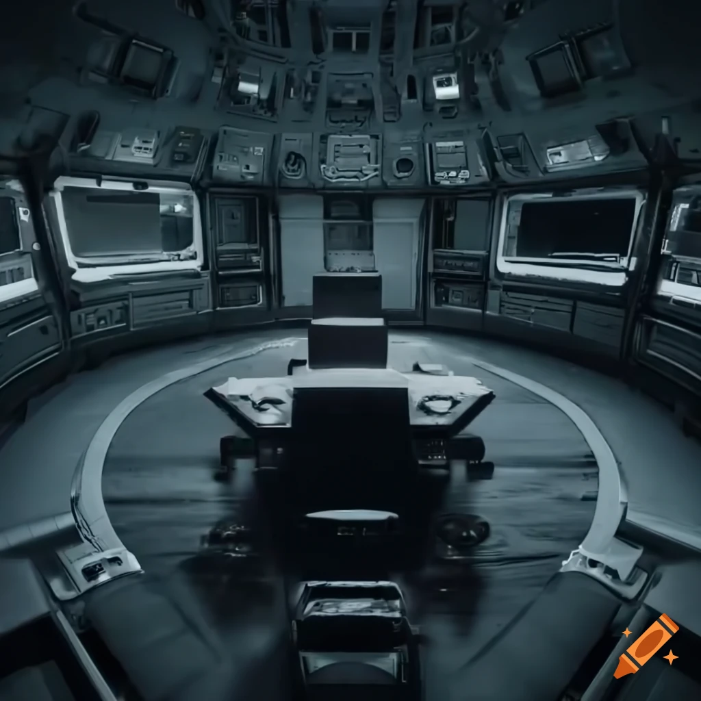 Interior view of a control room in dark gray on Craiyon
