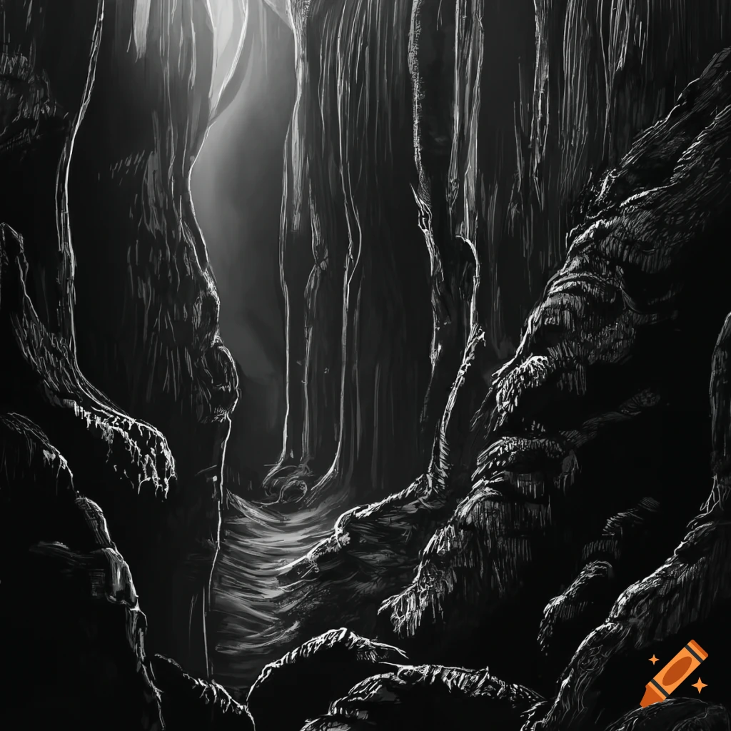 Black and white sketch of a gloomy ravine