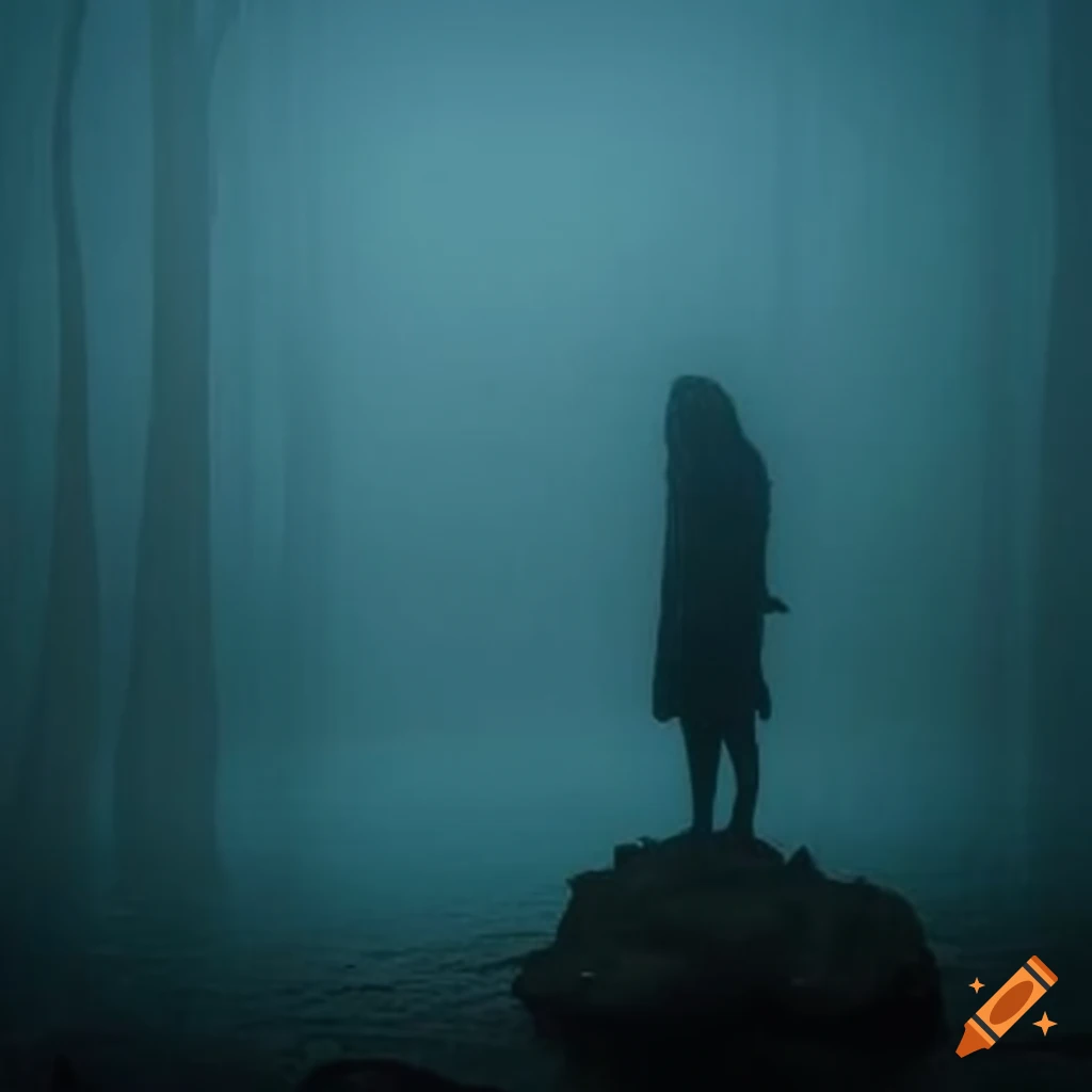 Dark fantasy scene with mysterious figures near a lake on Craiyon