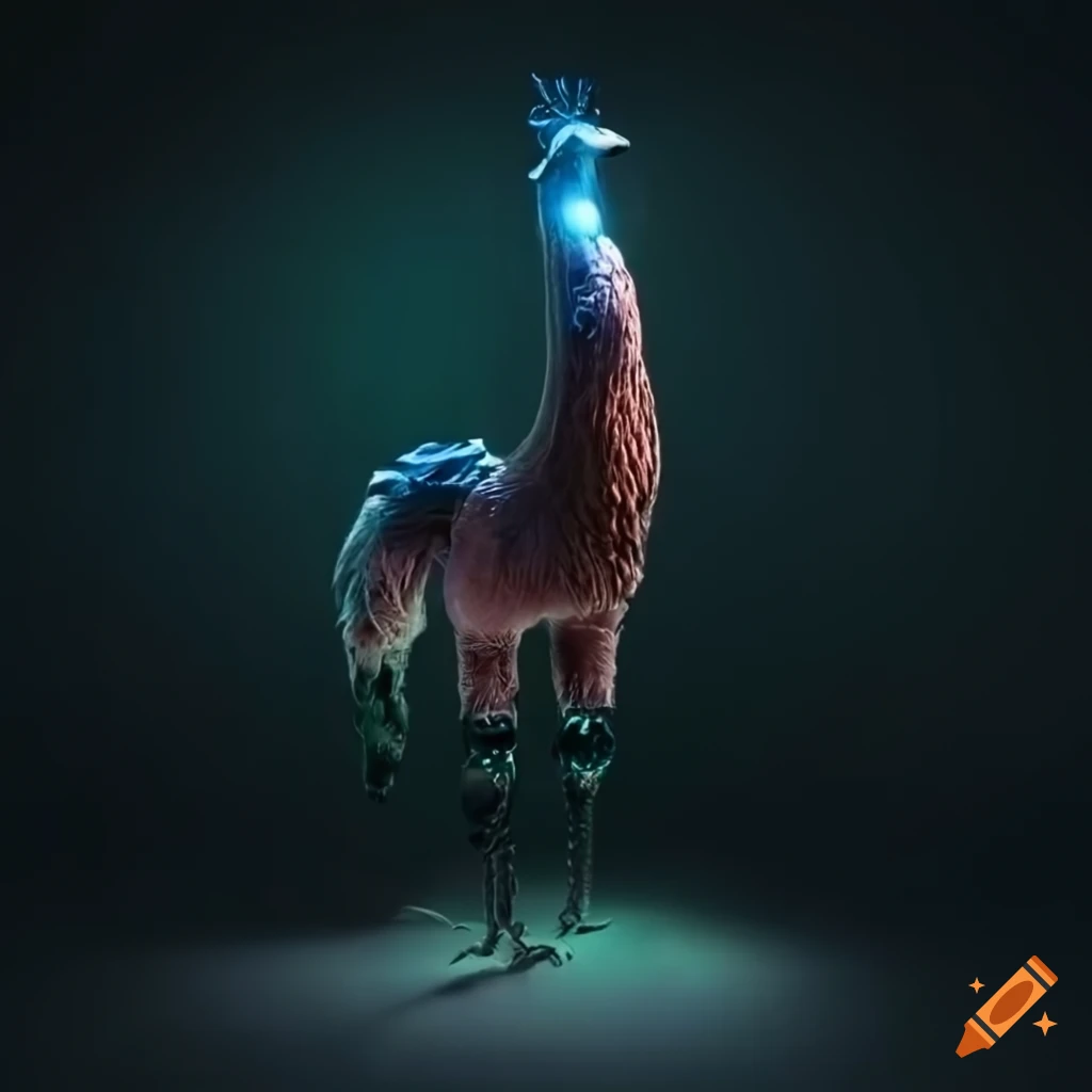 Photorealistic image of a cyborg peacock-faced alpaca humanoid