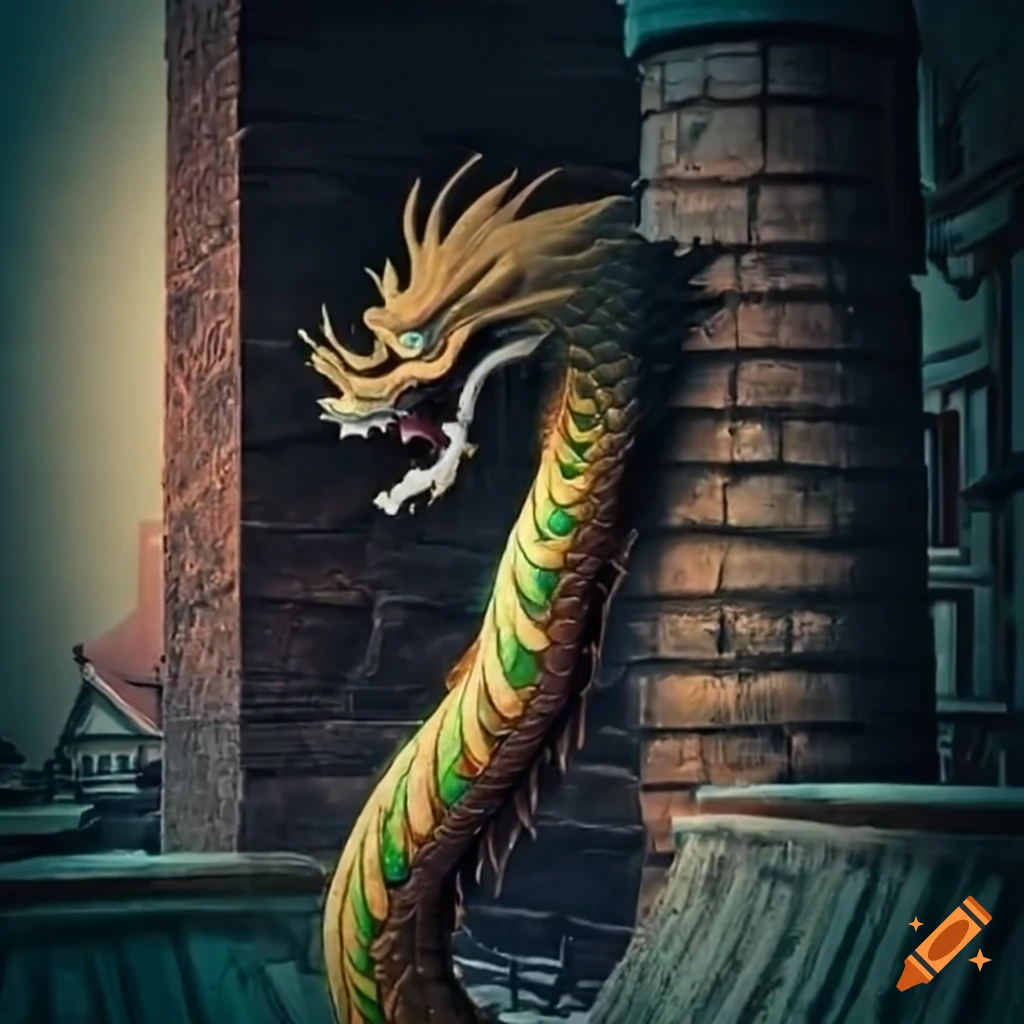 Japanese dragon wrapping around a tower