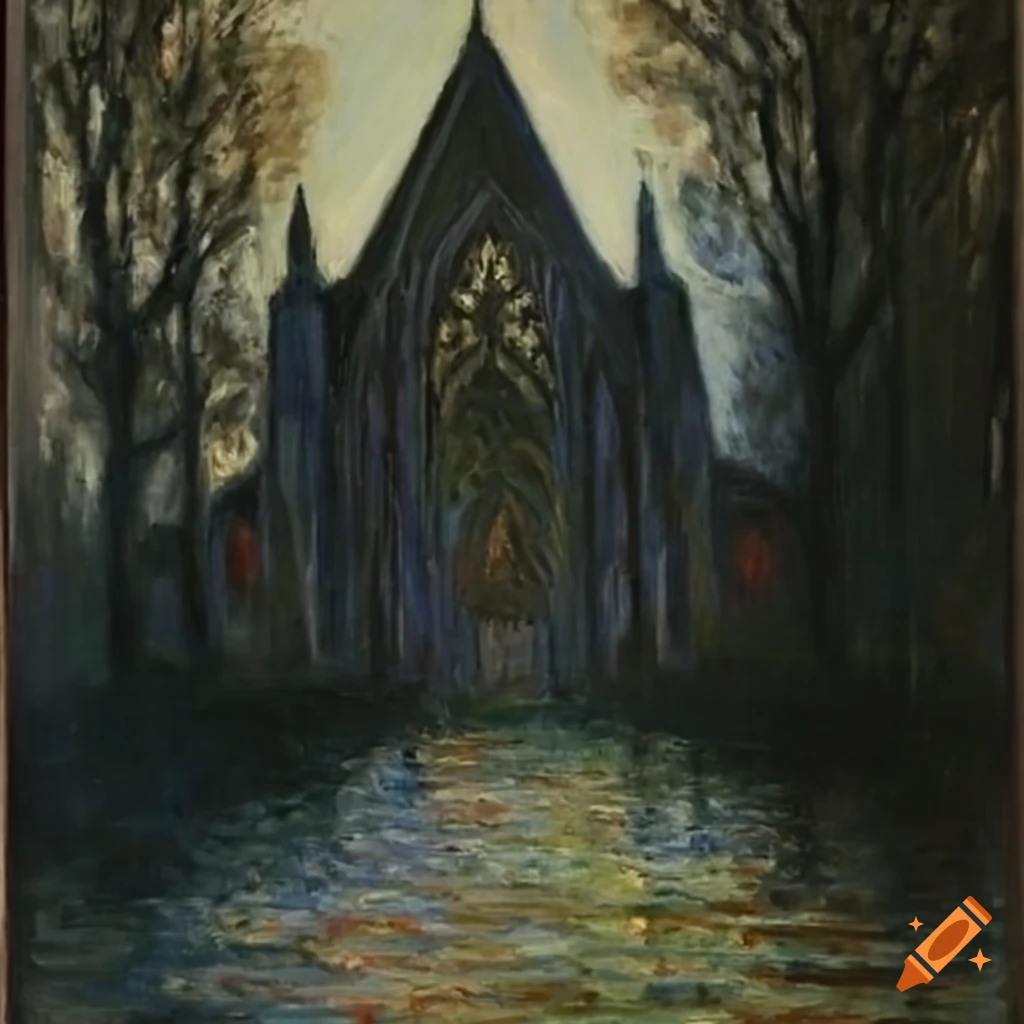 Exquisite monet-style landscape painting with a large adorned shield in ...