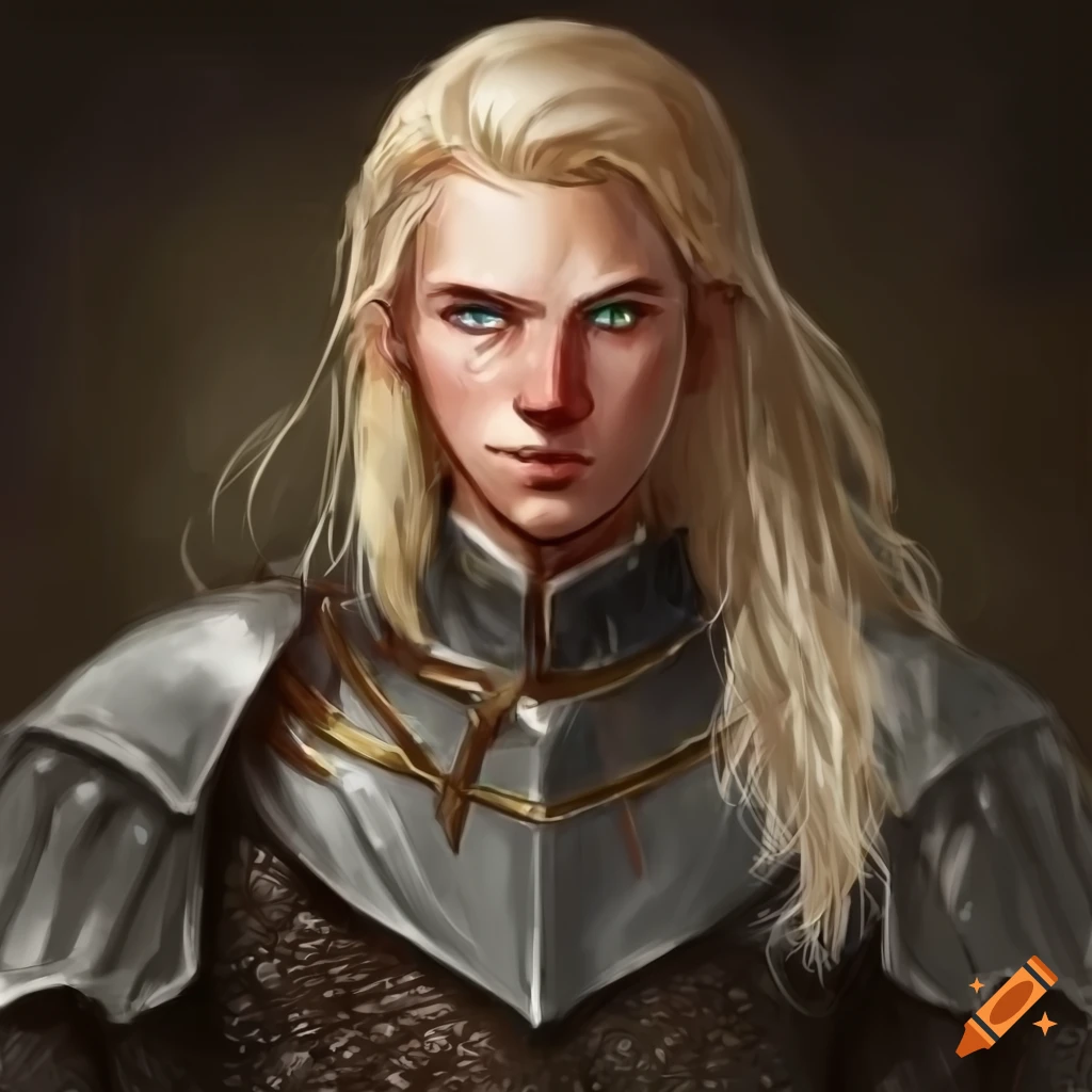 Image of a half-elf knight with long blond hair and gray eyes on Craiyon