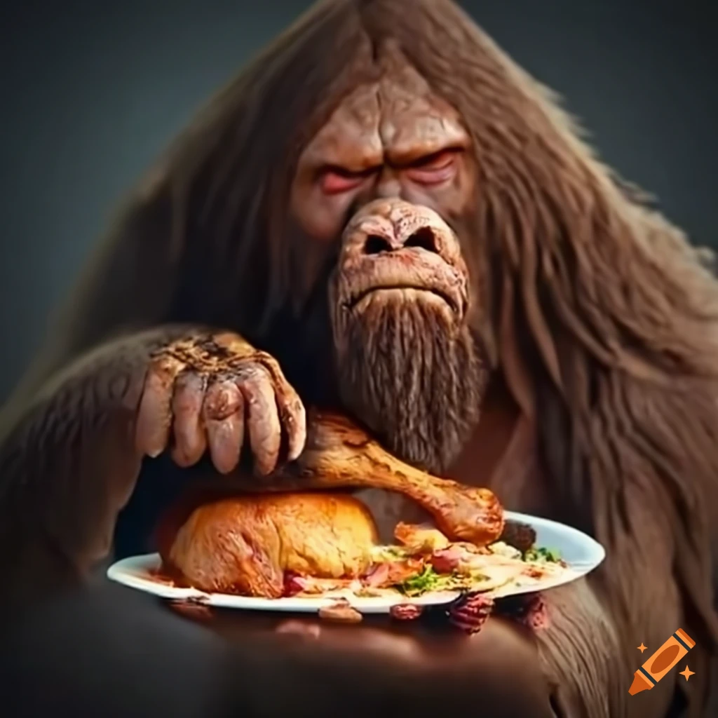 Wilderness cooking with sasquatch preparing a feast