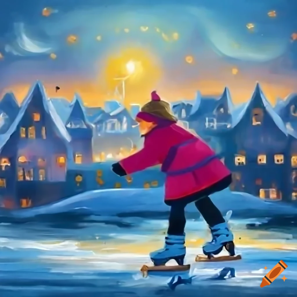 Little girl ice skating on a lake in town square