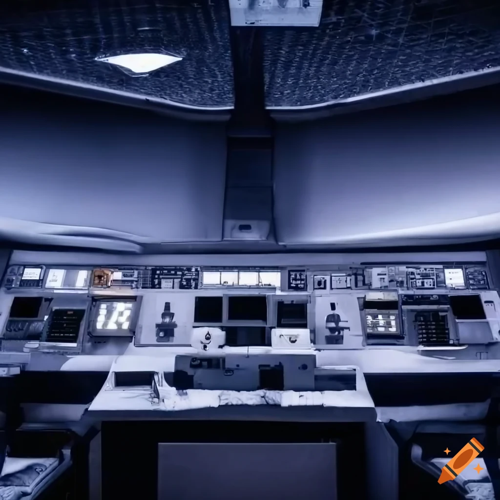 View of a gray control room with snowy landscape outside on Craiyon