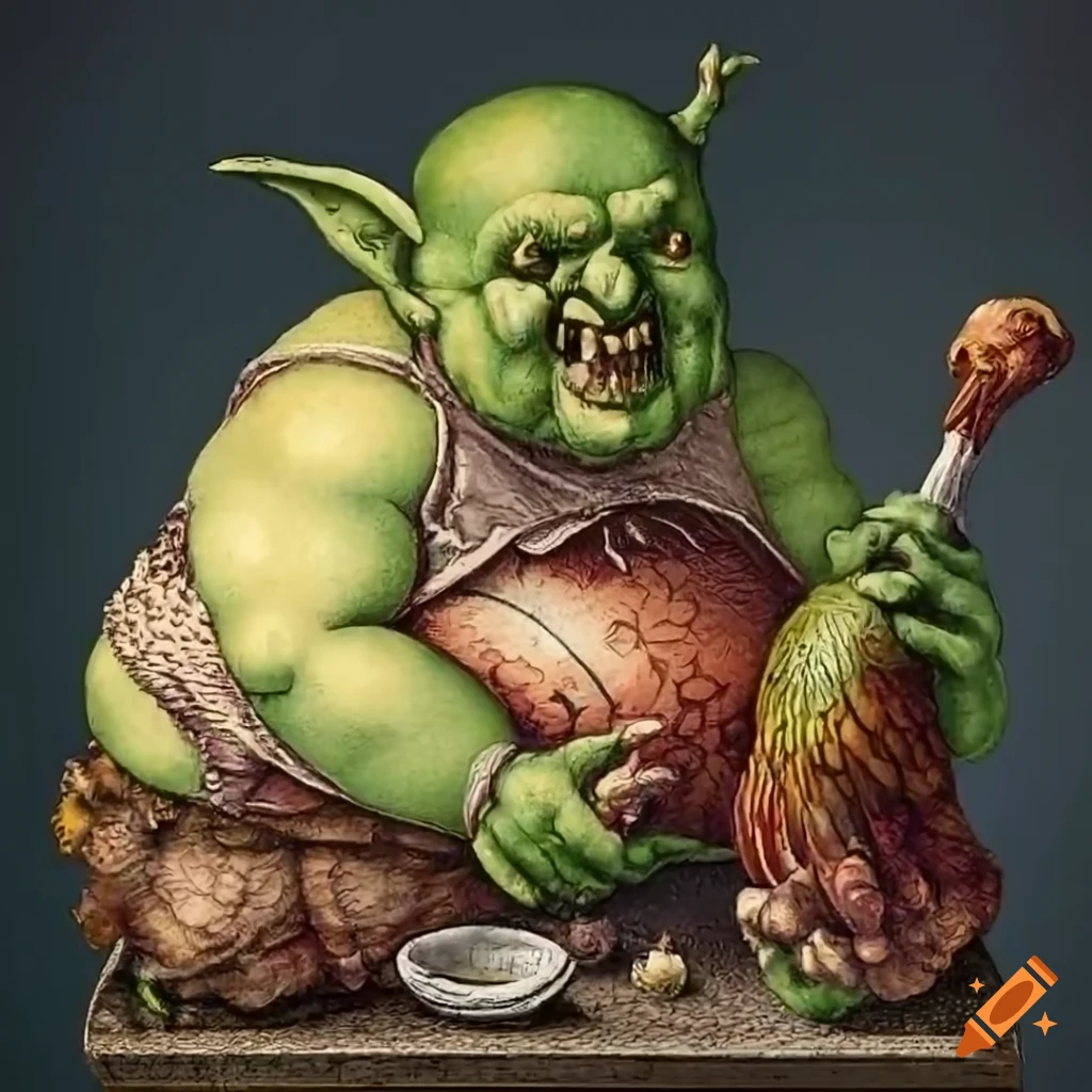 Engraving of a goblin eating turkey leg on Craiyon