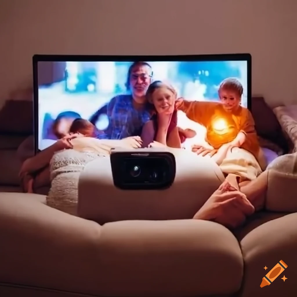 Family watching a movie on a Panasonic video projector on Craiyon