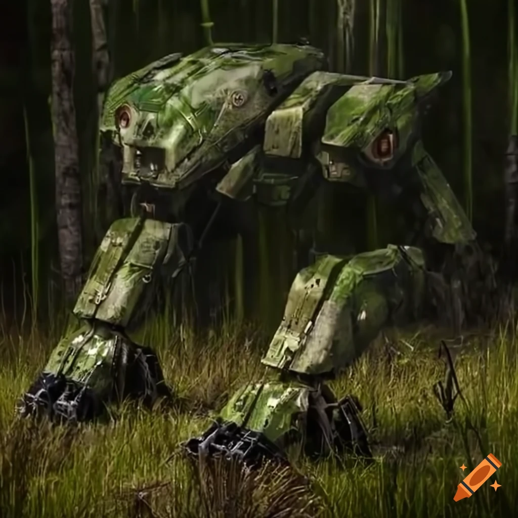 Camouflaged mech conducting reconnaissance in a marsh on Craiyon