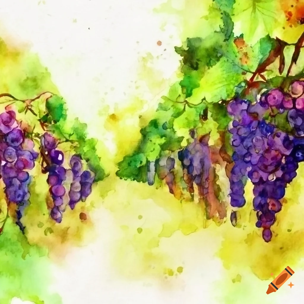 Watercolor painting of vineyard with ripe grapes on Craiyon