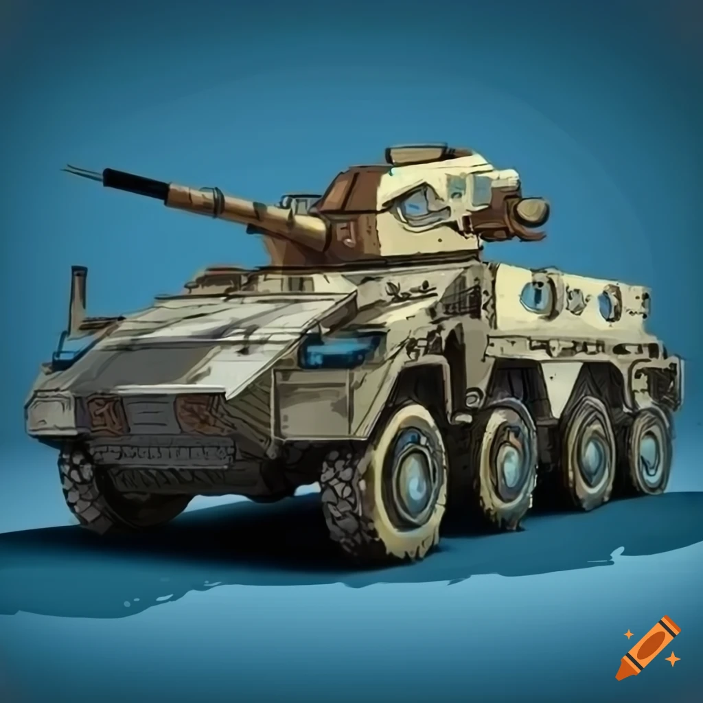 Blue background with a modern steampunk armored vehicle on Craiyon