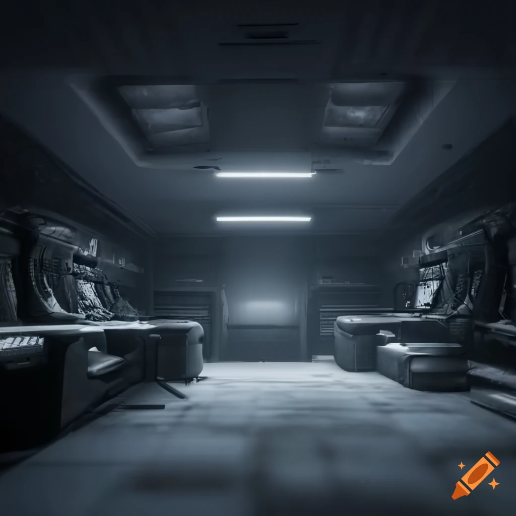 Dark control room with pilot seats in a snowy atmosphere on Craiyon