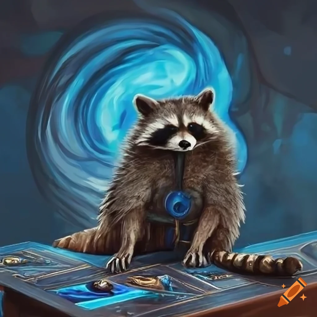 Raccoon in battle armor playing magic the gathering on Craiyon