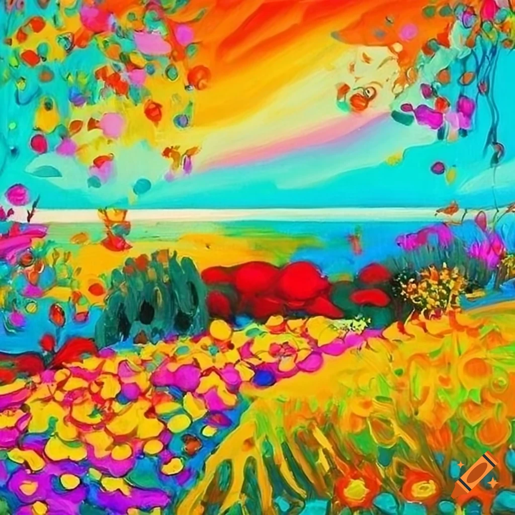 Vibrant acrylic landscape painting with flowers field